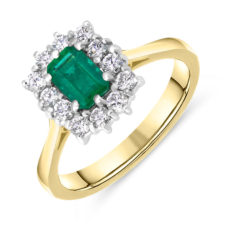 18ct Yellow Gold Emerald Diamond Emerald Cut Cluster Ring FEU-2382 | W ...
