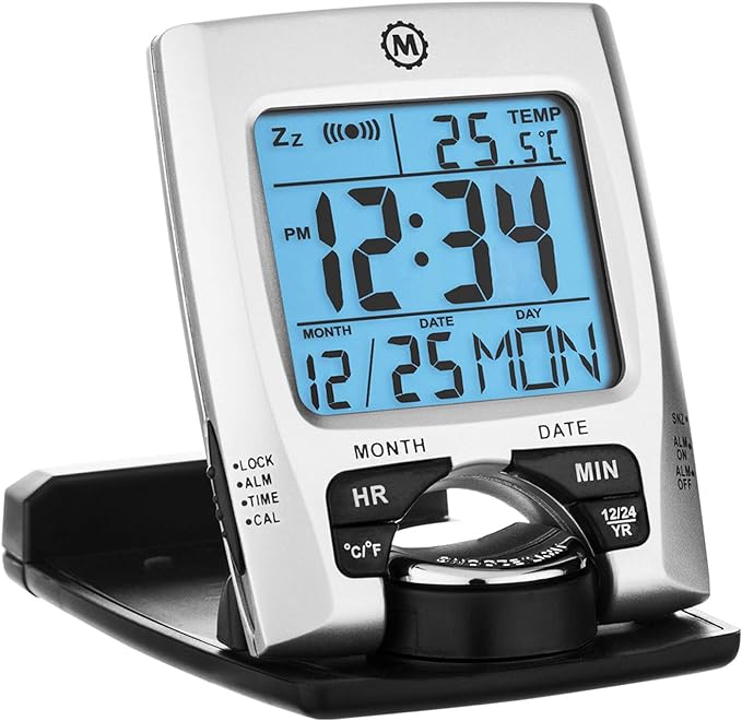 Marathon Clock Travel Alarm Calendar & Temperature Silver D | W Hamond ...