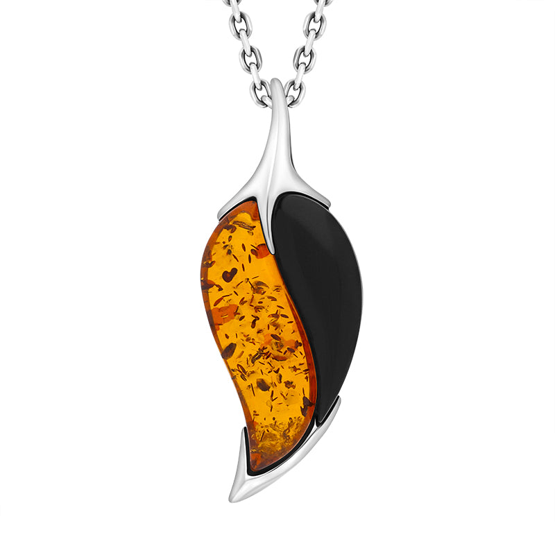 Sterling Silver Amber Whitby Jet Double Stone Leaf Necklace P2002 | W ...
