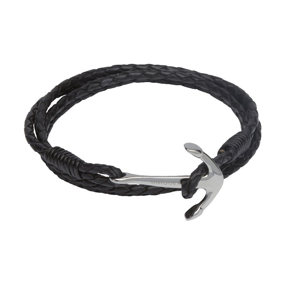Unique & Co Stainless Steel Anchor Clasp Black Leather Bracelet B286BL ...